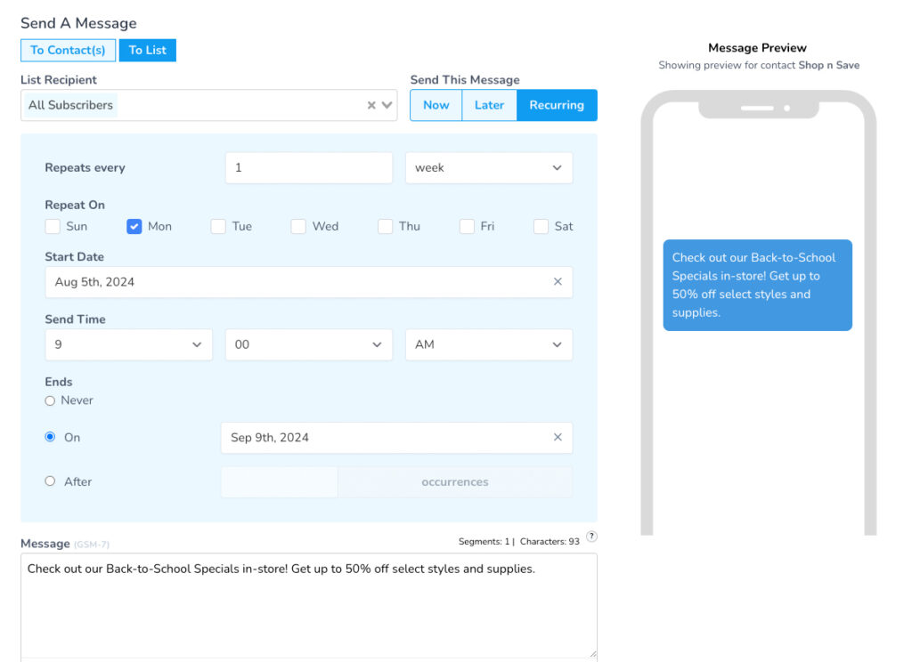 Send Recurring Text Messages | Feature | TextSpot